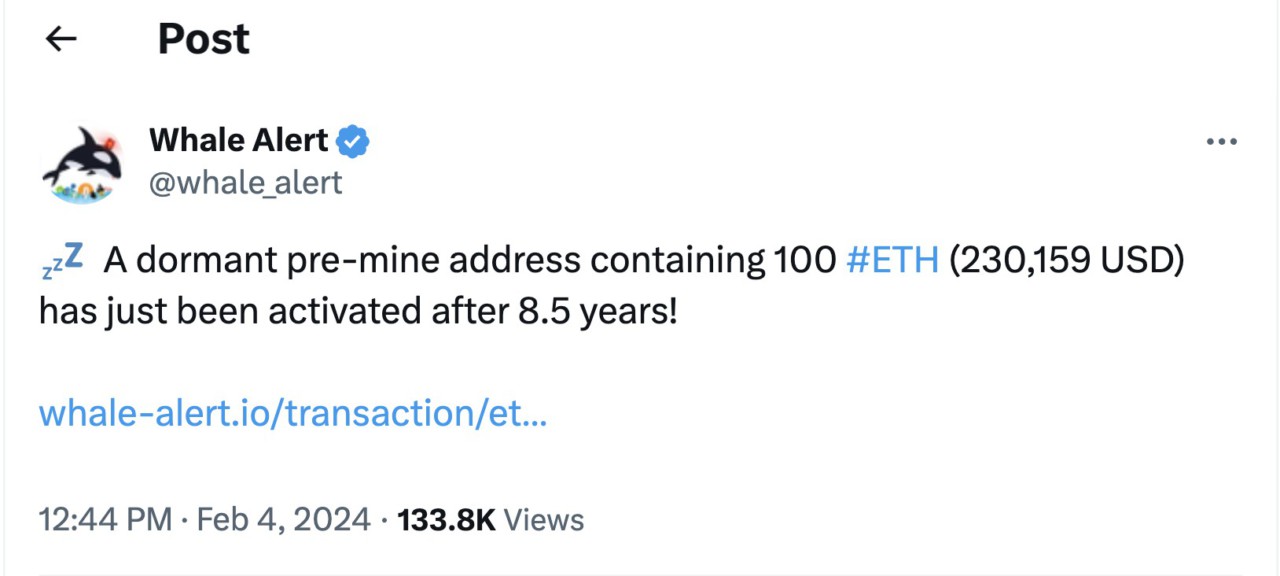 8 Tahun Tertidur, Whale Ethereum Ini Bangun dan Transfer 100 ETH Senilai $230.000! - Pintu News